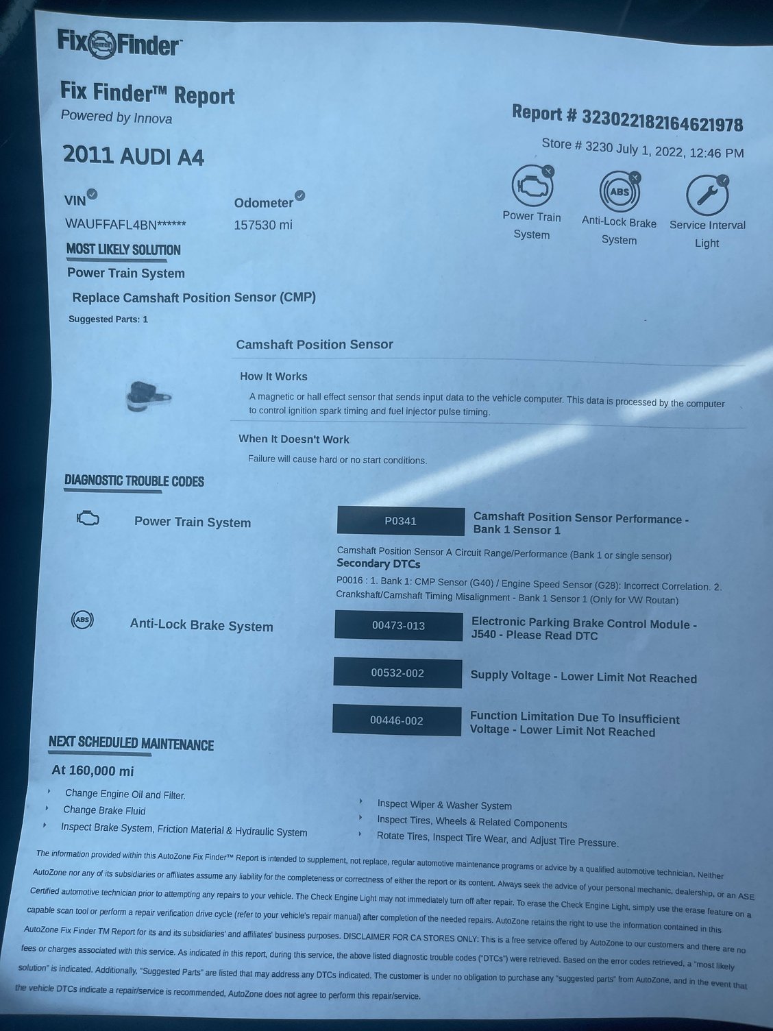 P0341 coming on AFTER I have replaced it. - AudiWorld Forums