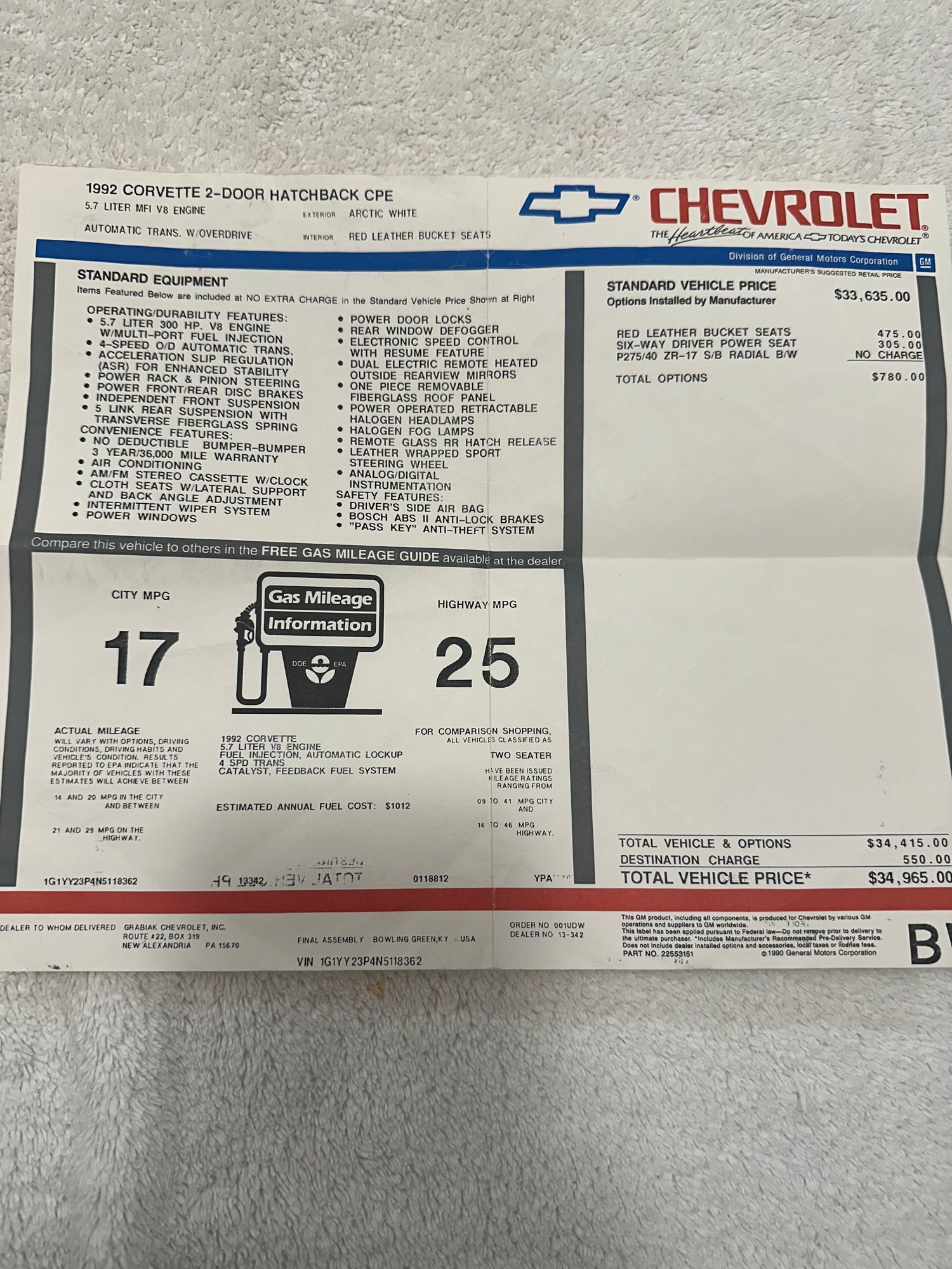 FS (For Sale) Free, 1992 Window sticker - CorvetteForum - Chevrolet ...