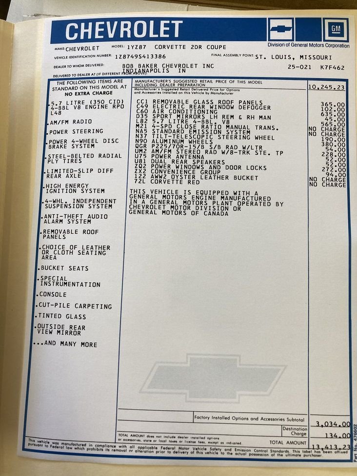 Window sticker and build sheets for a 1977 - CorvetteForum - Chevrolet ...