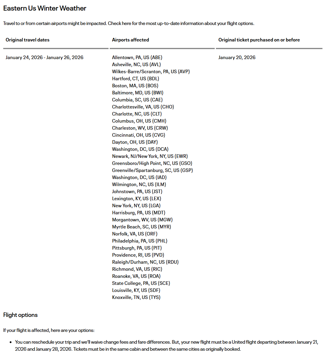 Travel Waiver: Eastern US Winter Weather 24-27 January 2026 - Extended ...