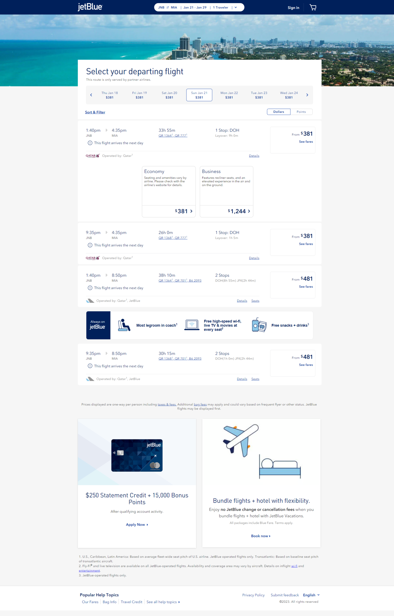 B6/QR - JNB-MIA/ORD/IAD/JFK/BOS/PHL/DFW - $2422+ r/t - Business ...