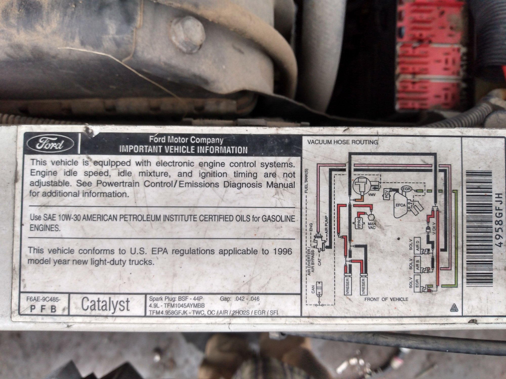1996 VAcuum line diagram on e250 van 4.9 6cylinder - Ford Truck ...